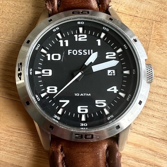 Fossil | Accessories | Fossil Mens Black Dial Brown Leather Dress Watch ...